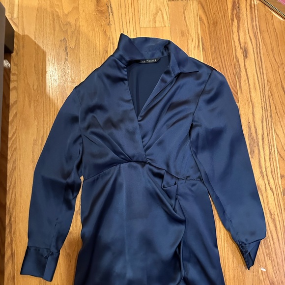 Zara | Dresses | Zara Midnight Blue Satin Wrap Dress | Poshmark